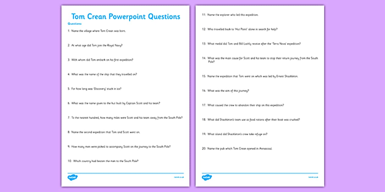 Tom Crean PowerPoint Questions Worksheet - Twinkl