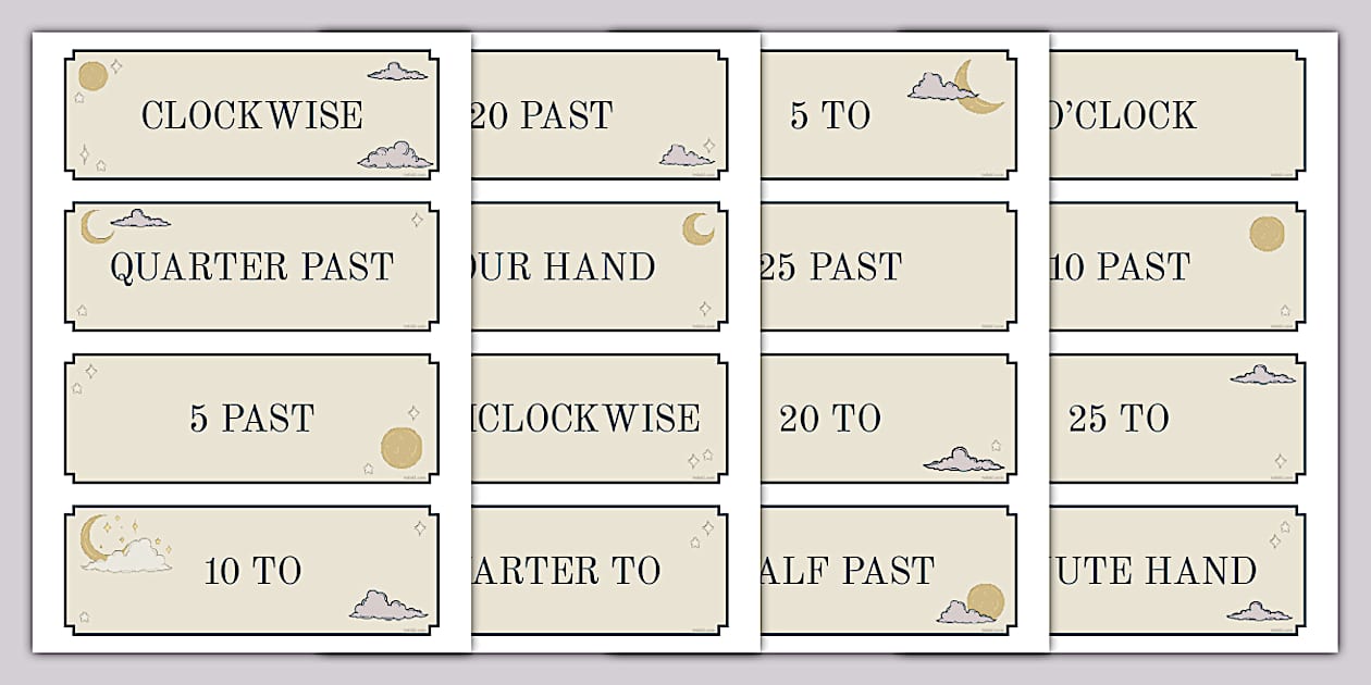 Celestial-Themed Clock Vocabulary Word Cards