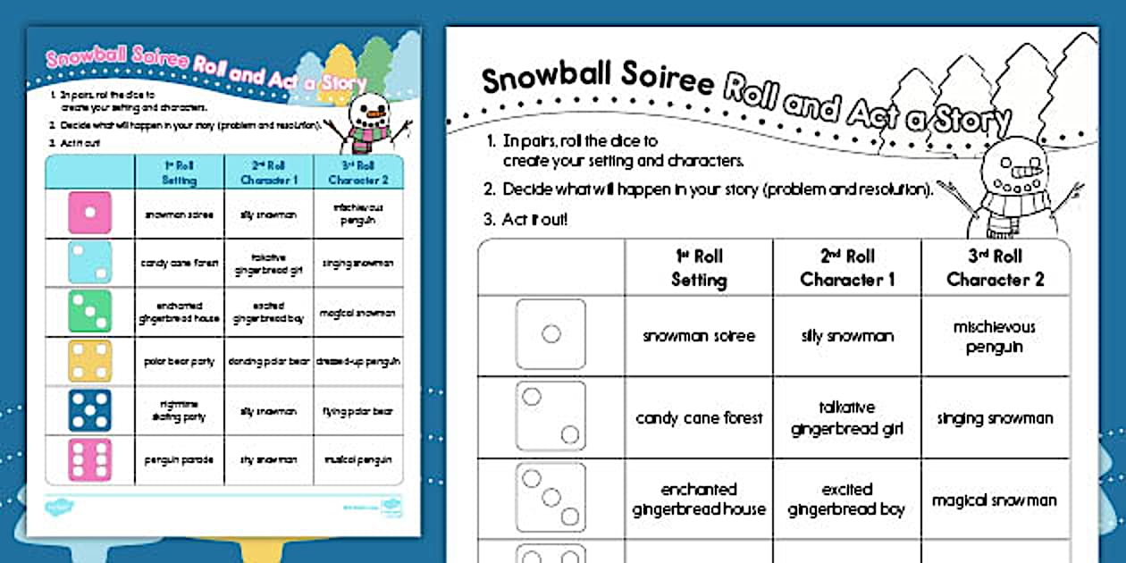 Snowball Soiree Roll and Act a Story Worksheet for K-2nd Grade