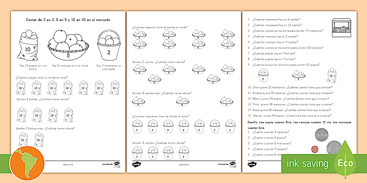 Ficha de actividad: Contar de 2 en 2, 5 en 5 y 10 en 10 - El mercado