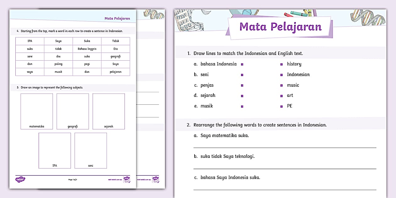 School Subjects Activity Sheet Indonesian