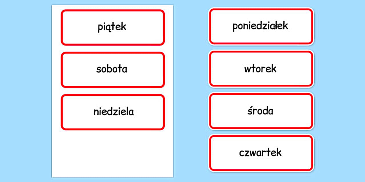 Karty ze słownictwem Dni tygodnia po polsku - przedszkole
