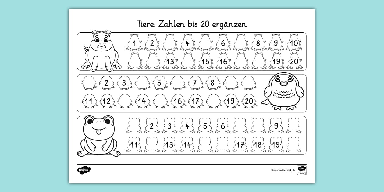 Tiere: Zahlen bis 20 ergänzen - Arbeitsblatt (teacher made)