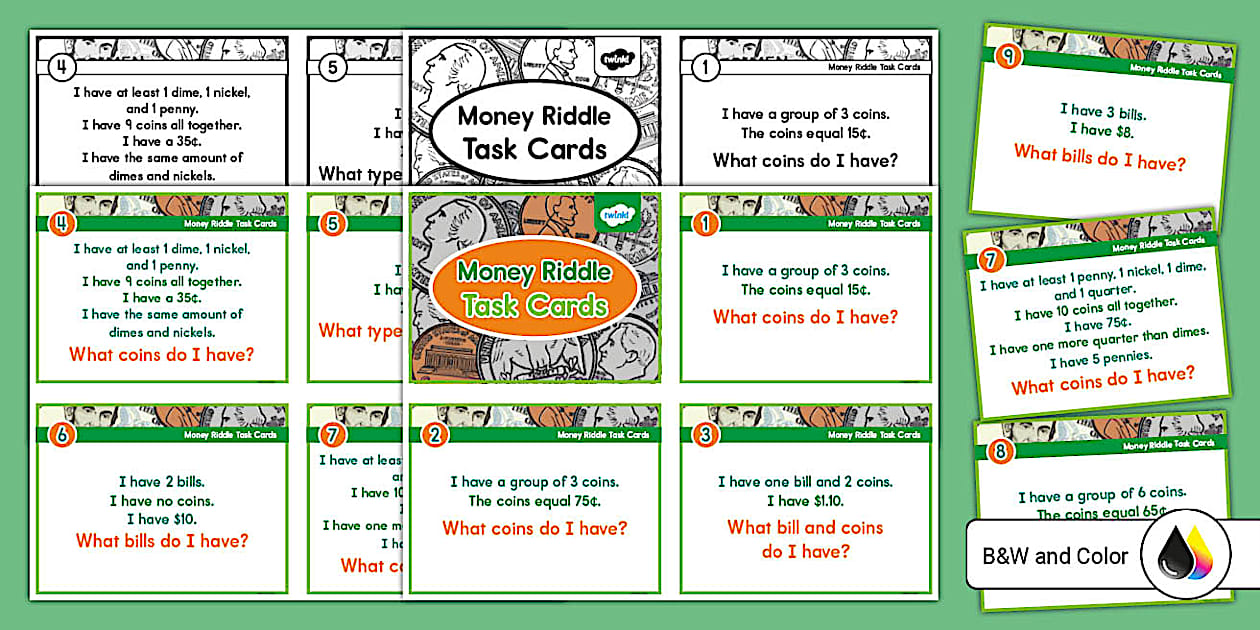 First Grade Money Riddle Task Cards (teacher made) - Twinkl