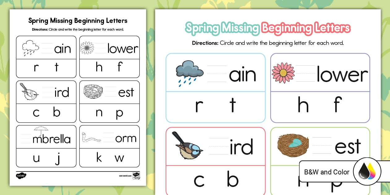 Spring Missing Beginning Letters Worksheet for K-1st Grade