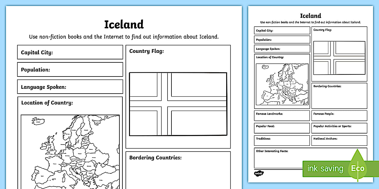 Iceland Fact File Writing Template | 1st/2nd Class | SESE