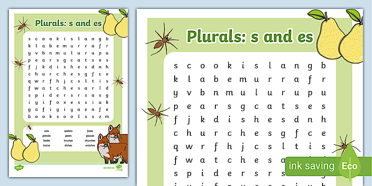 Plurals: s and es Word Search - Spelling Rules - KS1 -Twinkl