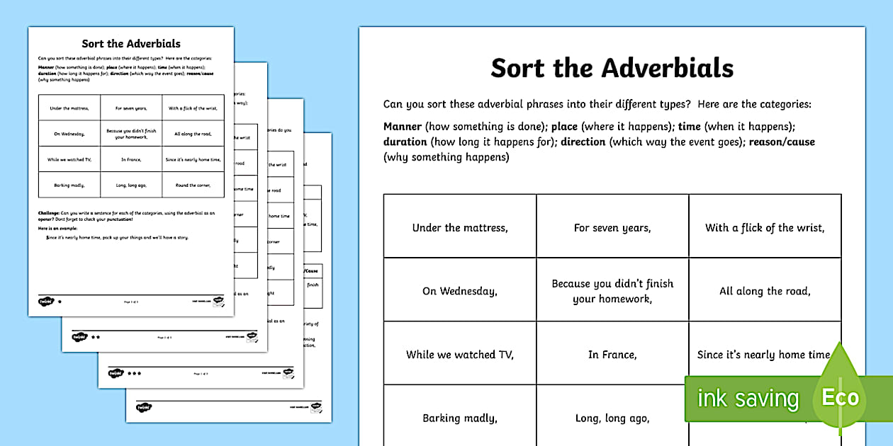 Differentiated Sort the Adverbial Phrase Worksheet - Twinkl