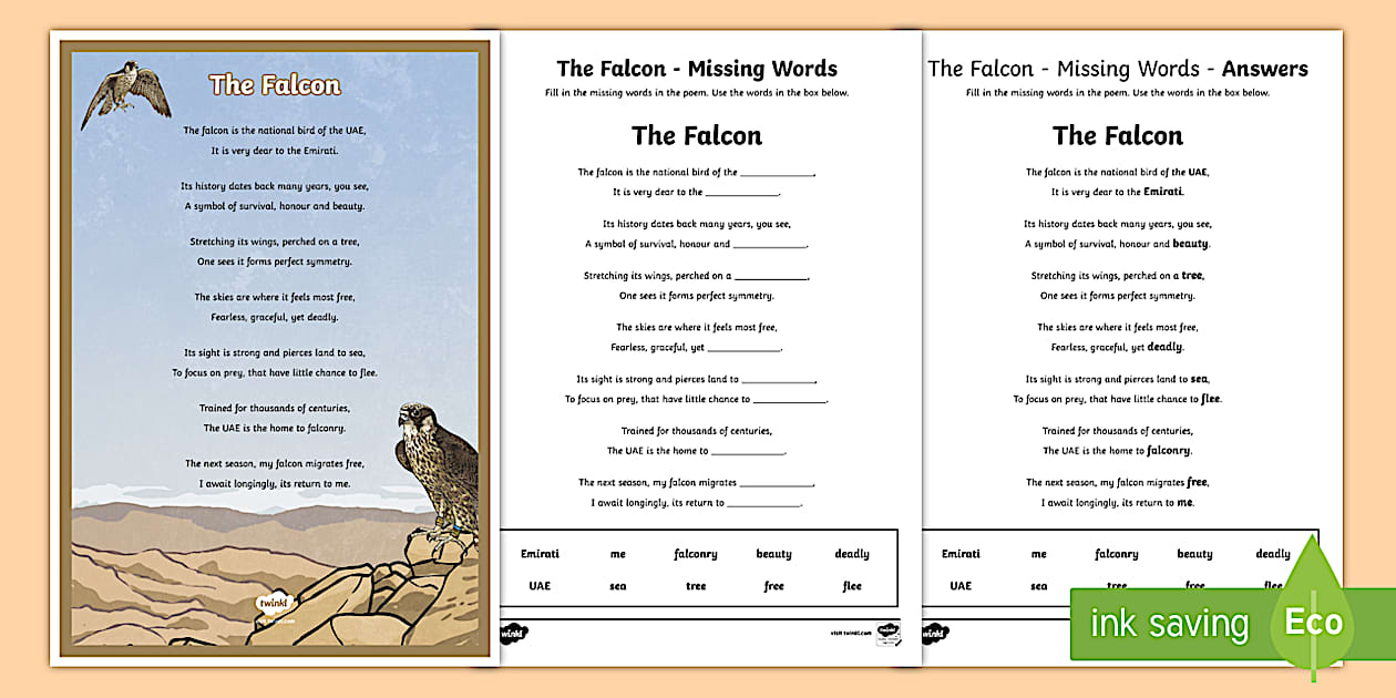 Falcon Poem Missing Words Worksheet / Worksheet - Twinkl