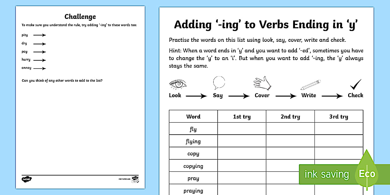 Year 2 Spelling Practice Adding '-ing' to Verbs Ending in 'y' Homework