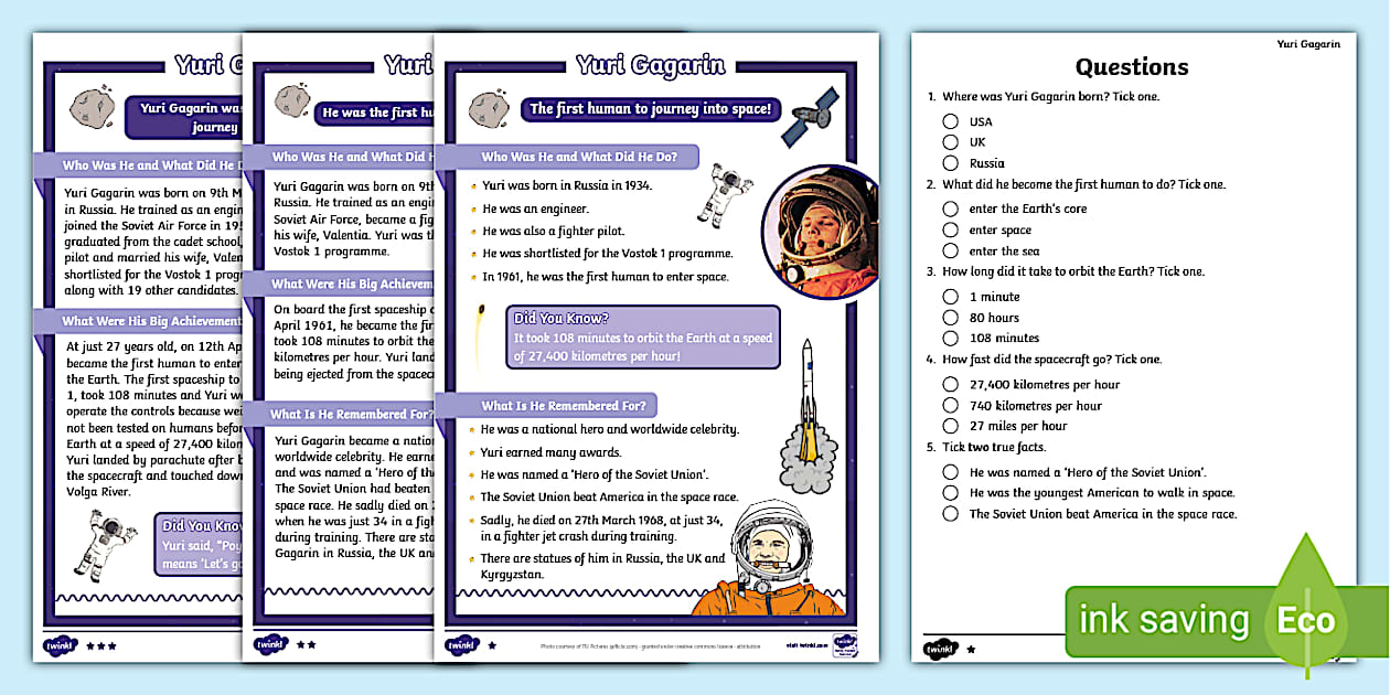 KS1 Yuri Gagarin Differentiated Reading Comprehension Activity