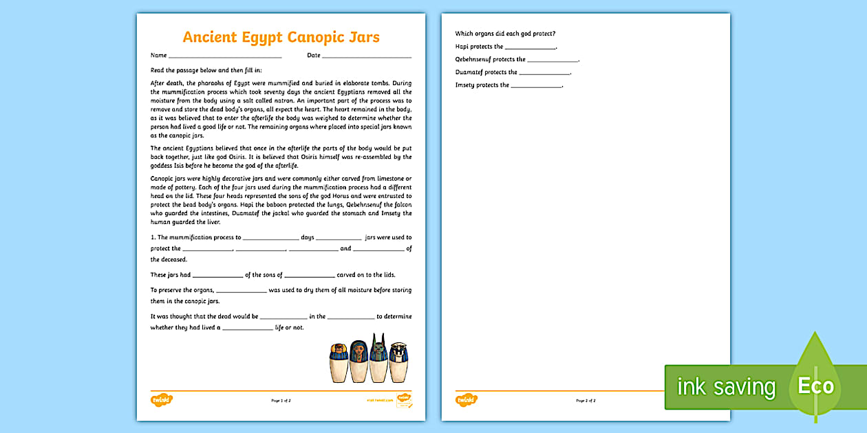 Black and White Canopic Jars Reading Comprehension Activity