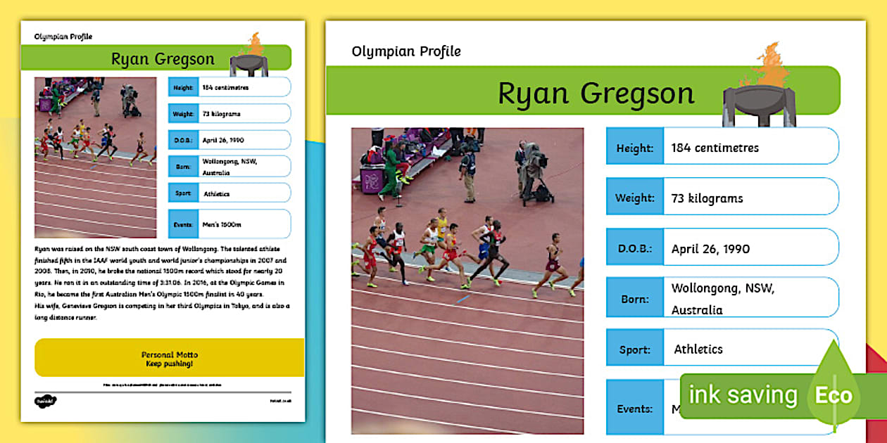 NSW Australian Olympian Ryan Gregson Handwriting Practice Worksheet