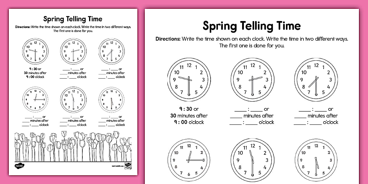 Second Grade Spring Telling Time Worksheet (Teacher-Made)