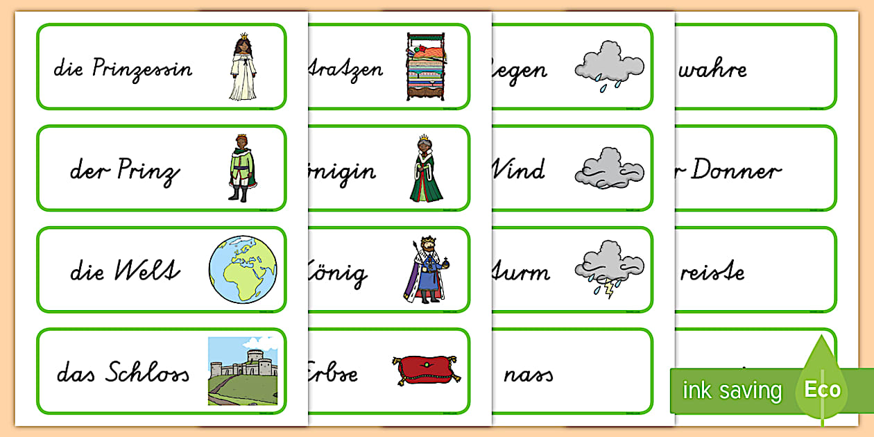 Black and White Die Prinzessin auf der Erbse Wort- und Bildkarten