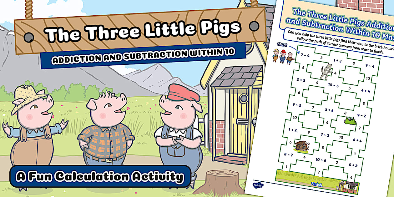 👉 Three Little Pigs Addition and Subtraction Within 10 Maze