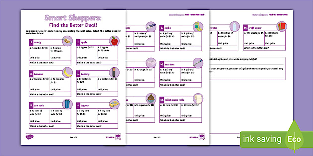 Money Math Comparing Values and Unit Prices Activity Sheet
