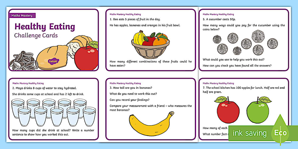 KS1 Healthy Eating Maths Mastery Challenge Cards - Twinkl