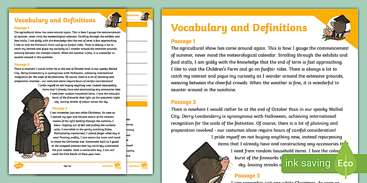 Vocabulary and Definitions Set E Activity Sheets - Twinkl