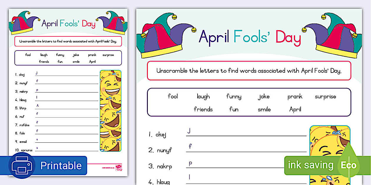 April Fools' Day Worksheet - Word Unjumble Activity - Twinkl