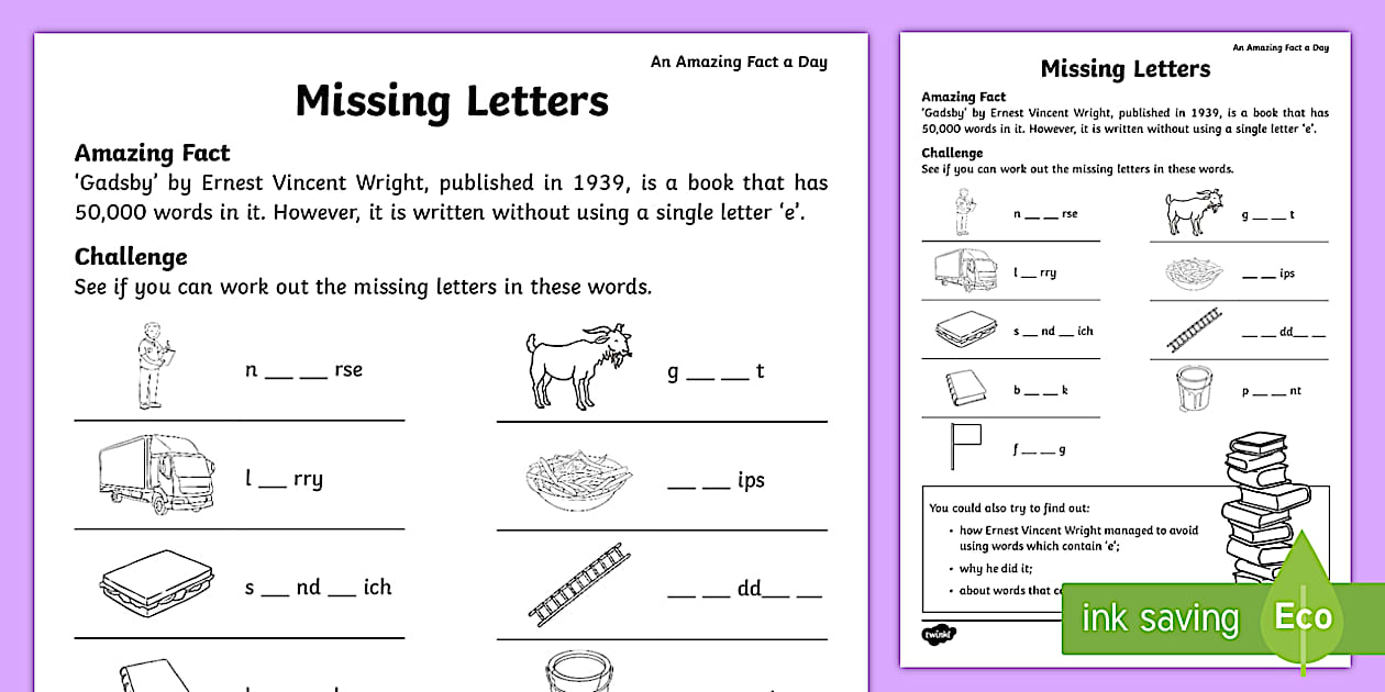 Words with Missing Letters Puzzle Worksheet (teacher made)