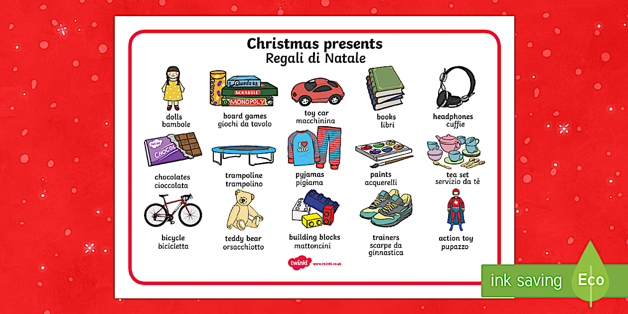 Black and White Christmas Presents Word Mat italian translation