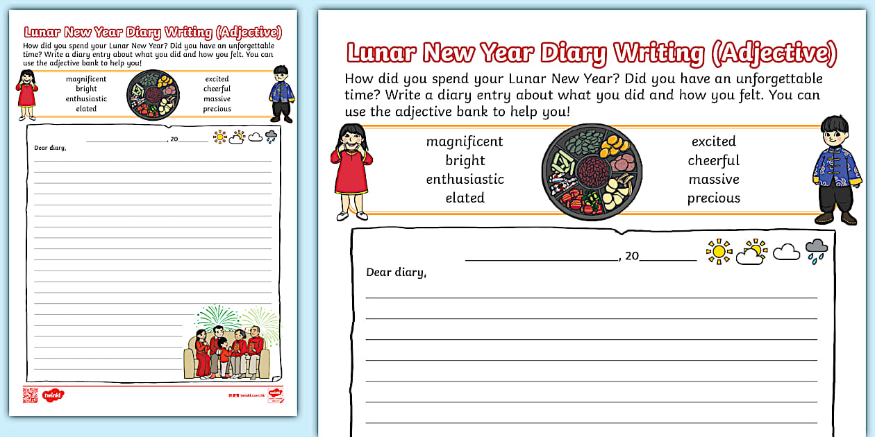 Lunar New Year Diary Writing Template with Adjective Prompts