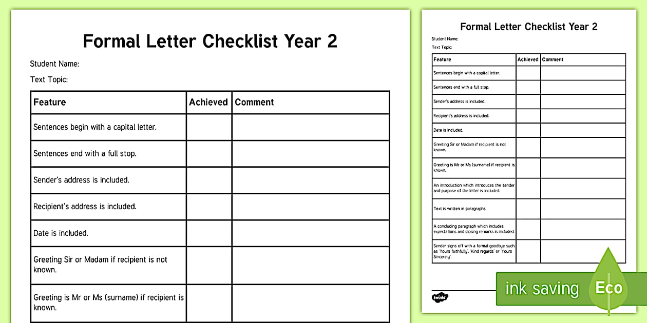 Year 2 Formal Letter Checklist - Twinkl