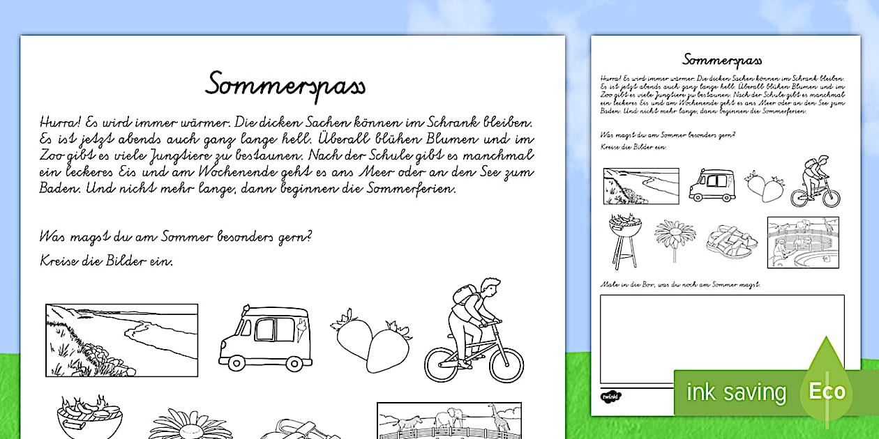 Sommerspass Arbeitsblatt: Lesen und Malen - Twinkl