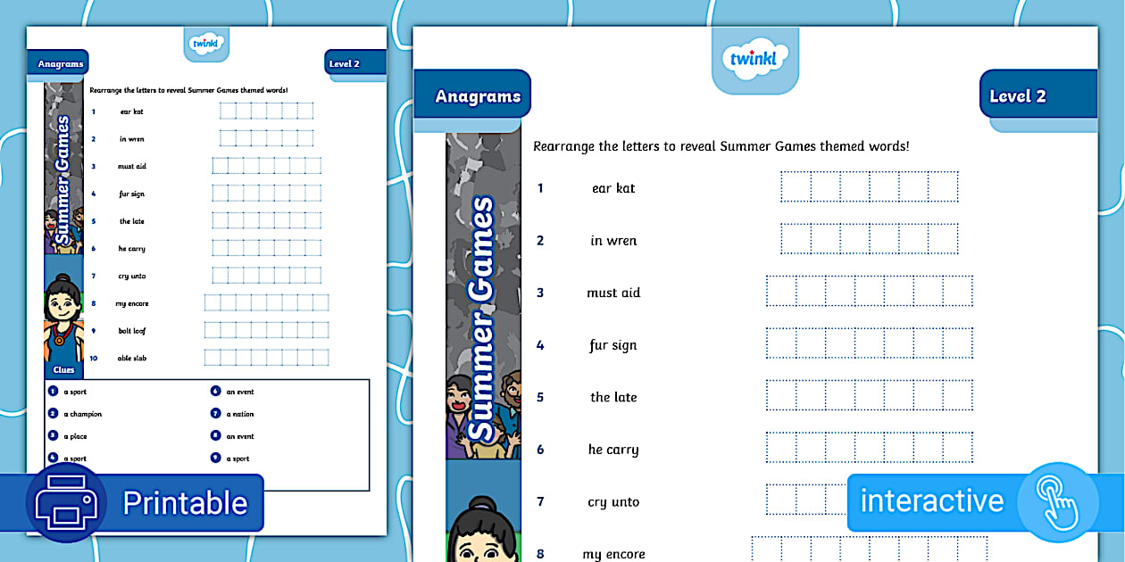 Summer Games Anagrams – Level 2 – Twinkl – Kids Puzzles