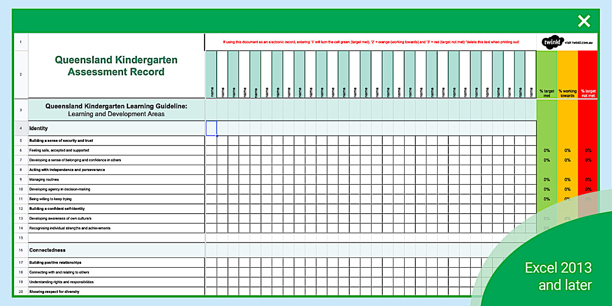 Queensland Kindergarten Learning Guideline (QKLG) Assessment Spreadsheet