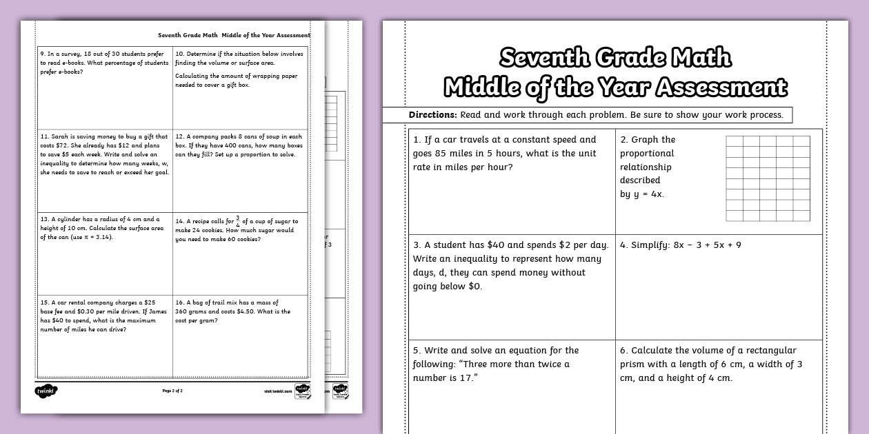 Seventh Grade Middle of the Year Math Assessment - Twinkl