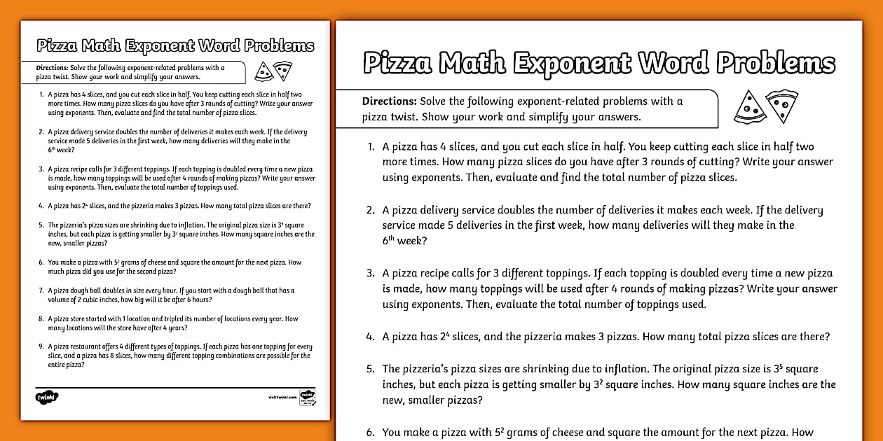 Eighth Grade Pizza Math Exponent Word Problems - Twinkl