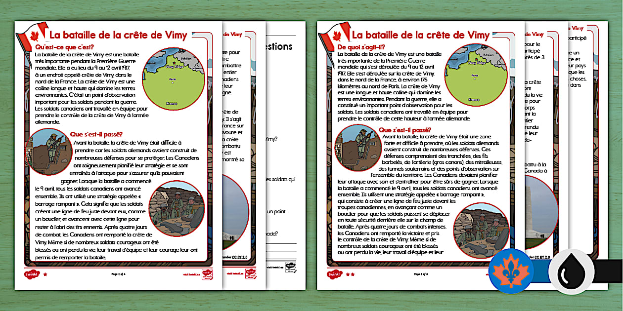Vimy Ridge Differentiated Reading Comprehension Grade 2/3 French
