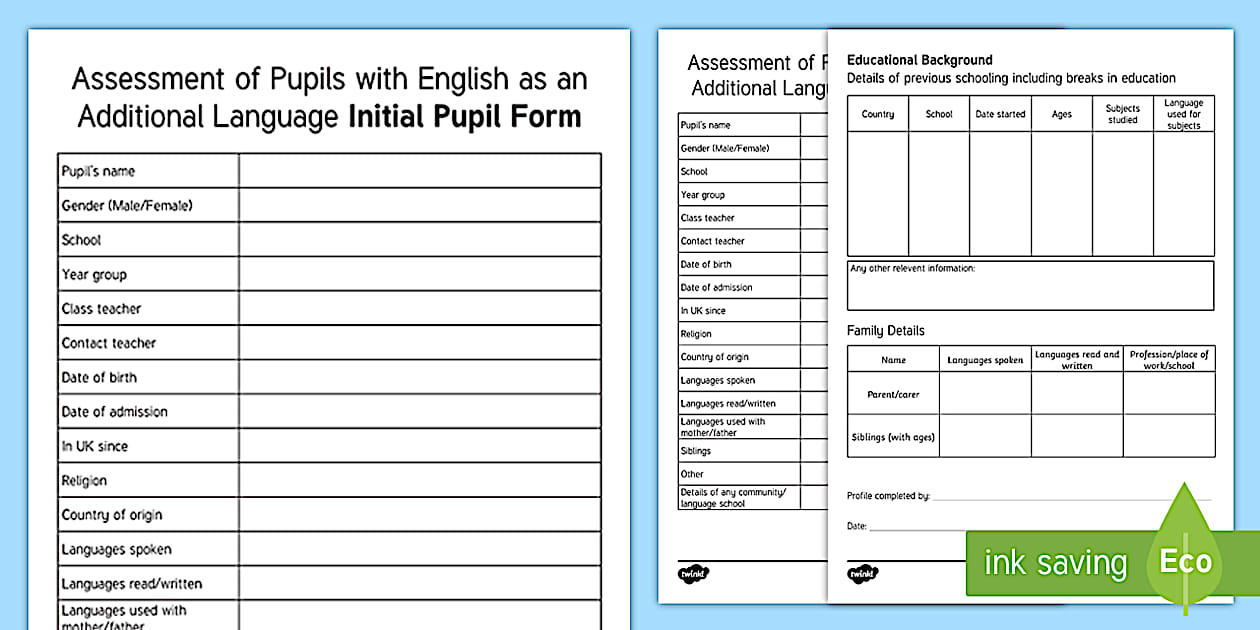 Editable EAL (English as an Additional Language) Initial Pupil Profile Form