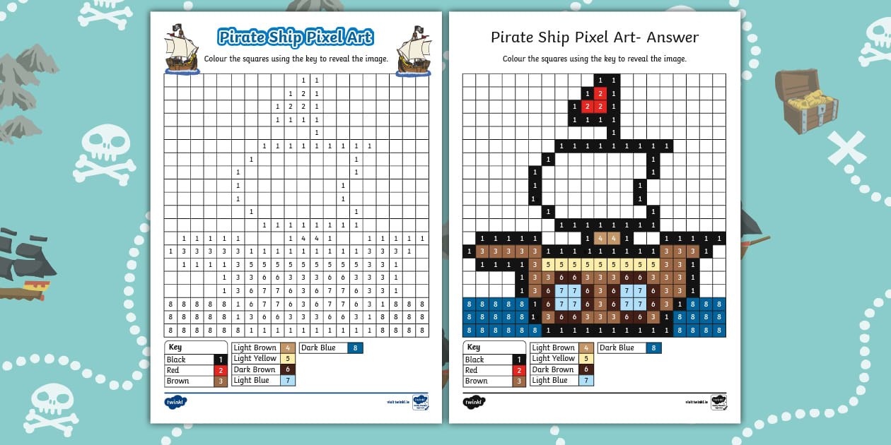 Pirate Ship Pixel Art Template - Twinkl Colouring - Twinkl