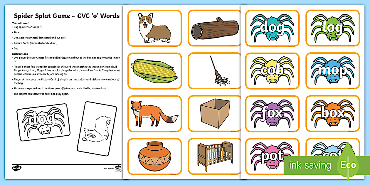 Spider Splat CVC 'o' Word Game (teacher made) - Twinkl