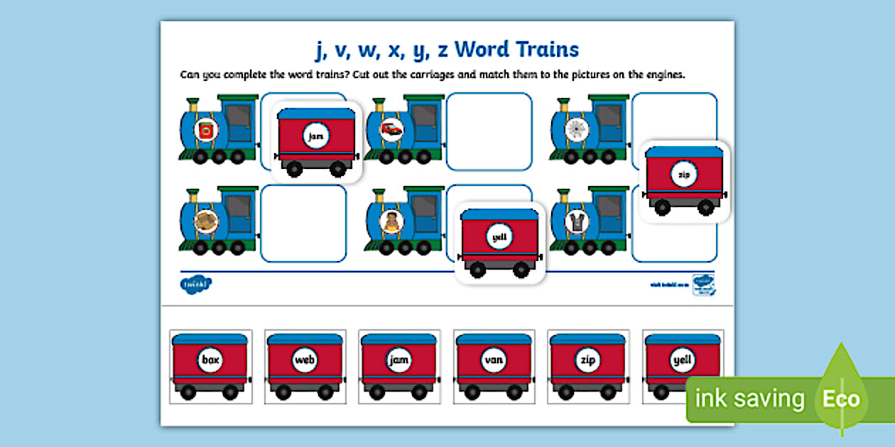 j, v, w, x, y, z Phase 3 Phonics Cut and Stick Matching Activity