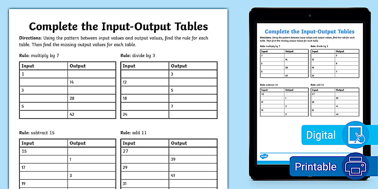 Complete the Input-Output Tables (Single Step) Activity