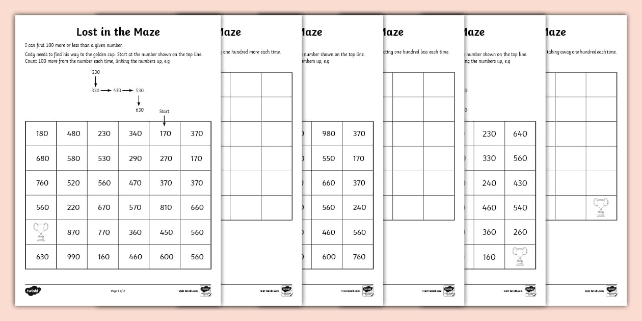 Finding 100 More or Less Within 1000 Worksheets - Twinkl