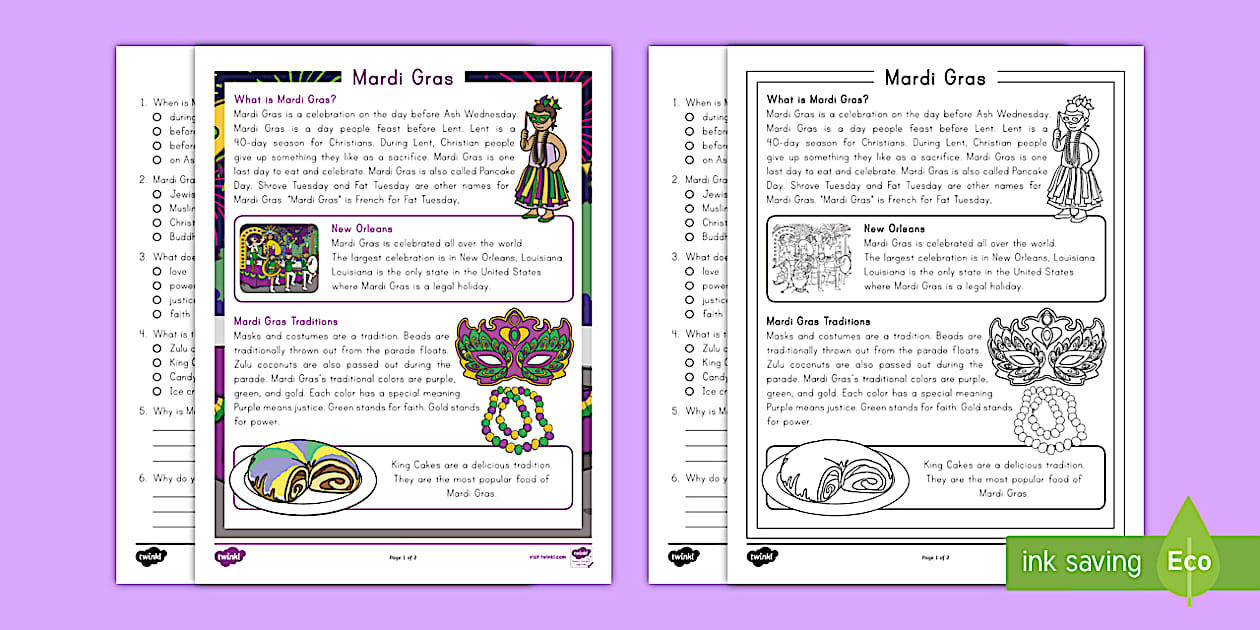 Second Grade Mardi Gras Reading Comprehension Worksheet