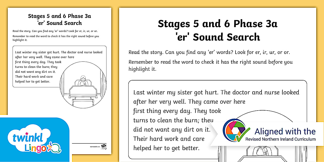 NI Linguistic Phonics Phase 3a 'er' Sound Search Worksheet