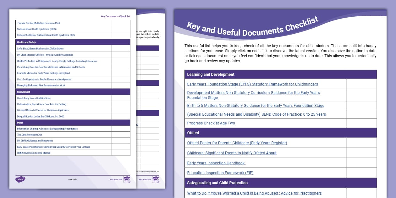 Key Documents Checklist for Childminders (Teacher-Made)