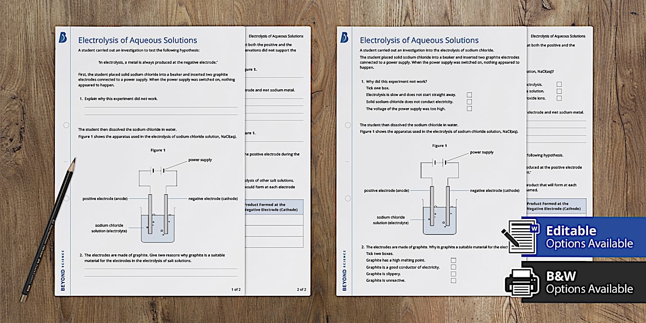 Electrolysis of Aqueous Solutions Worksheet - Twinkl