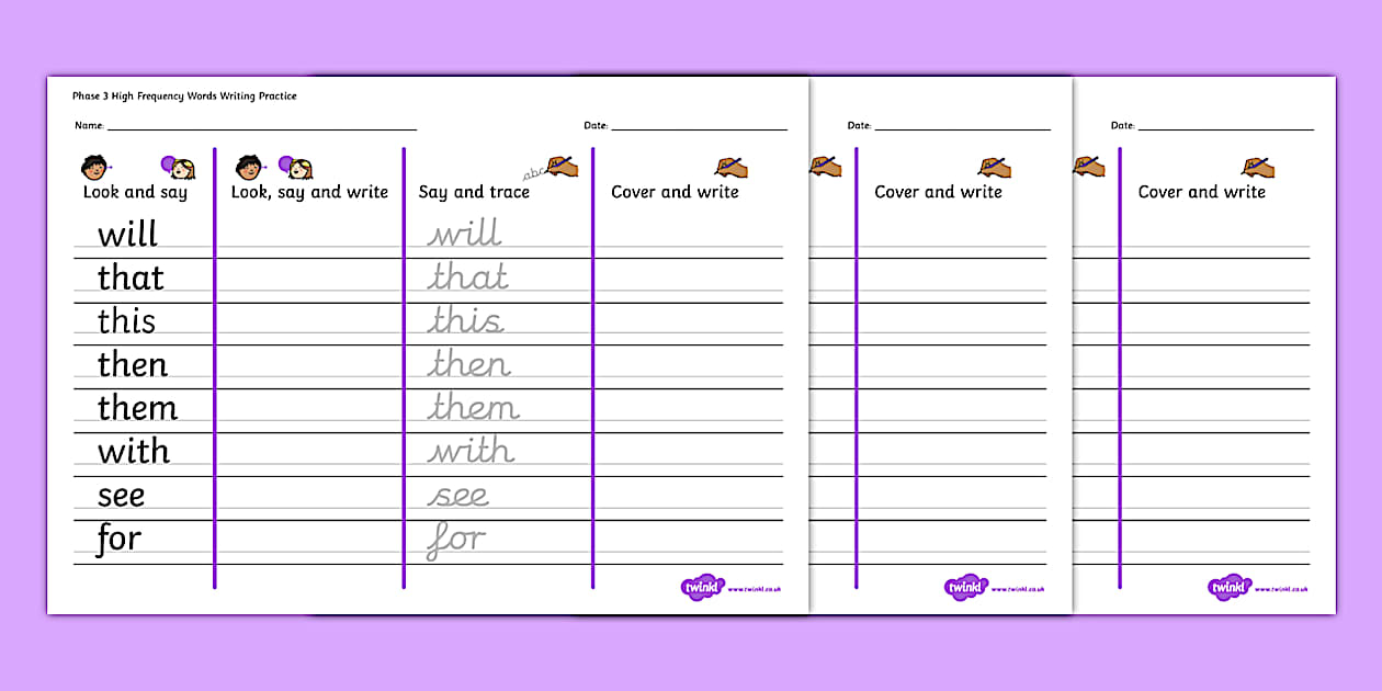 Cursive Phase 3 High Frequency Words Writing Practice Worksheets