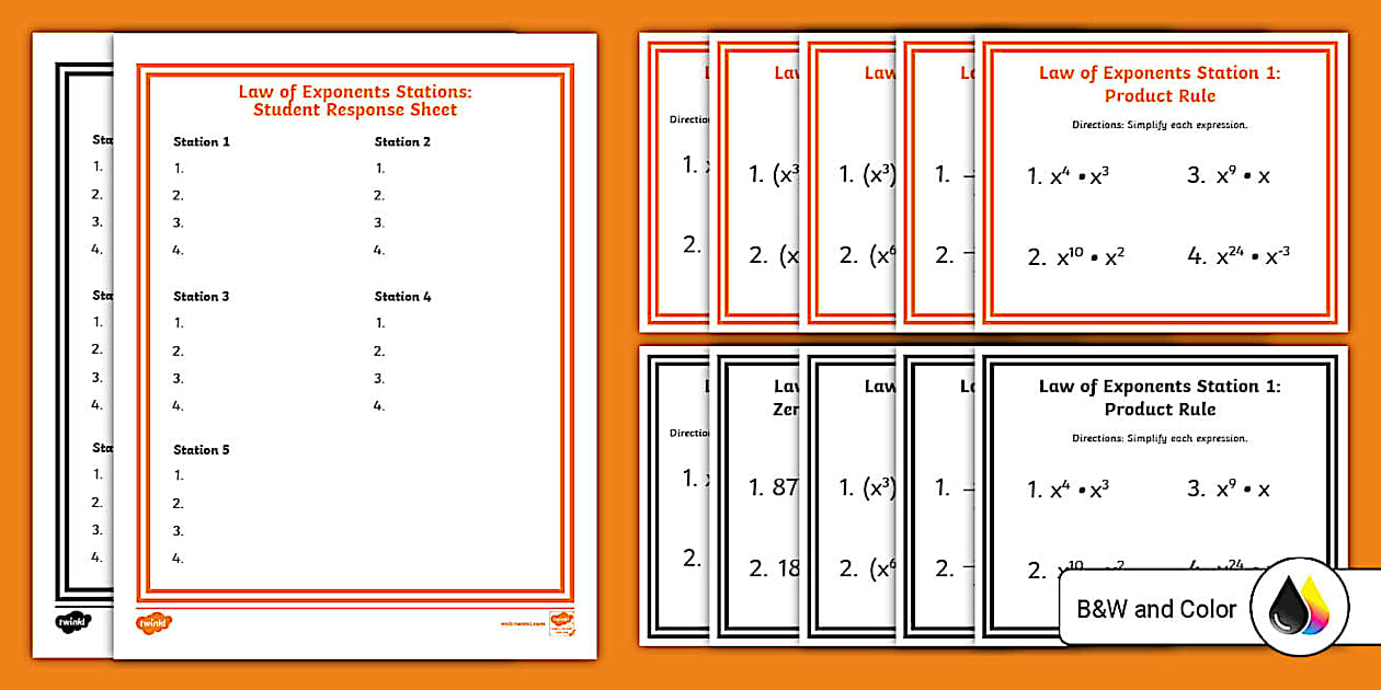 Eighth Grade Law of Exponents Stations Review Activity Worksheet