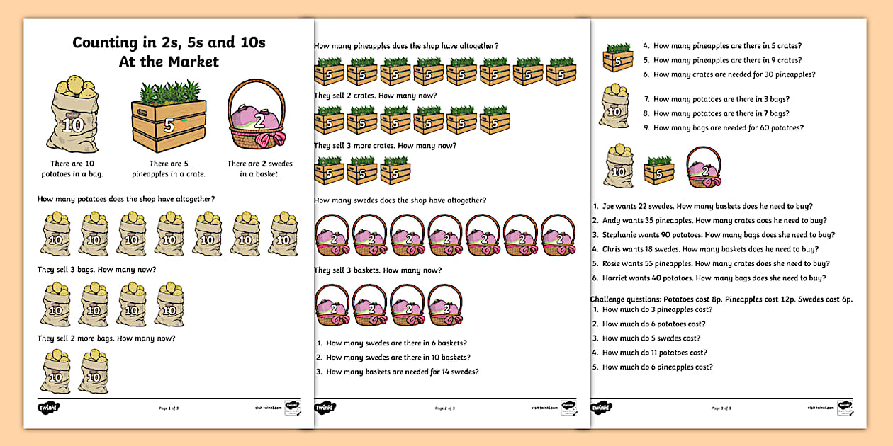 Counting in 2s, 5s and 10s Multiplication Worksheet - Twinkl