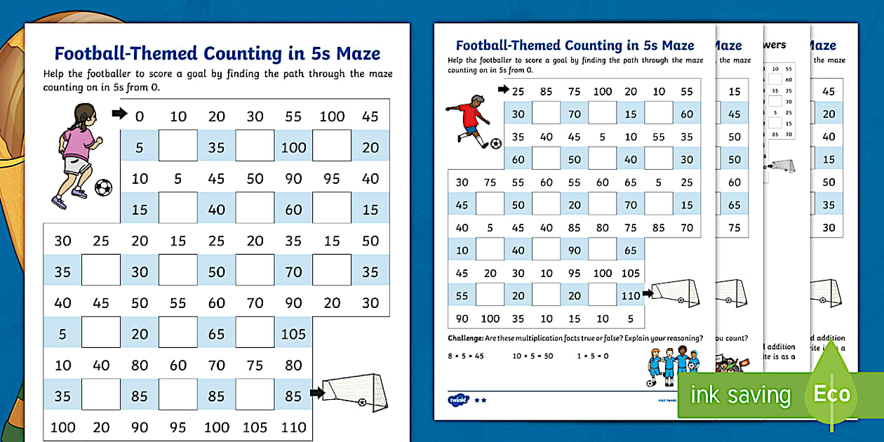 F-2 Football Themed Counting in 5s Maze Differentiated Worksheets