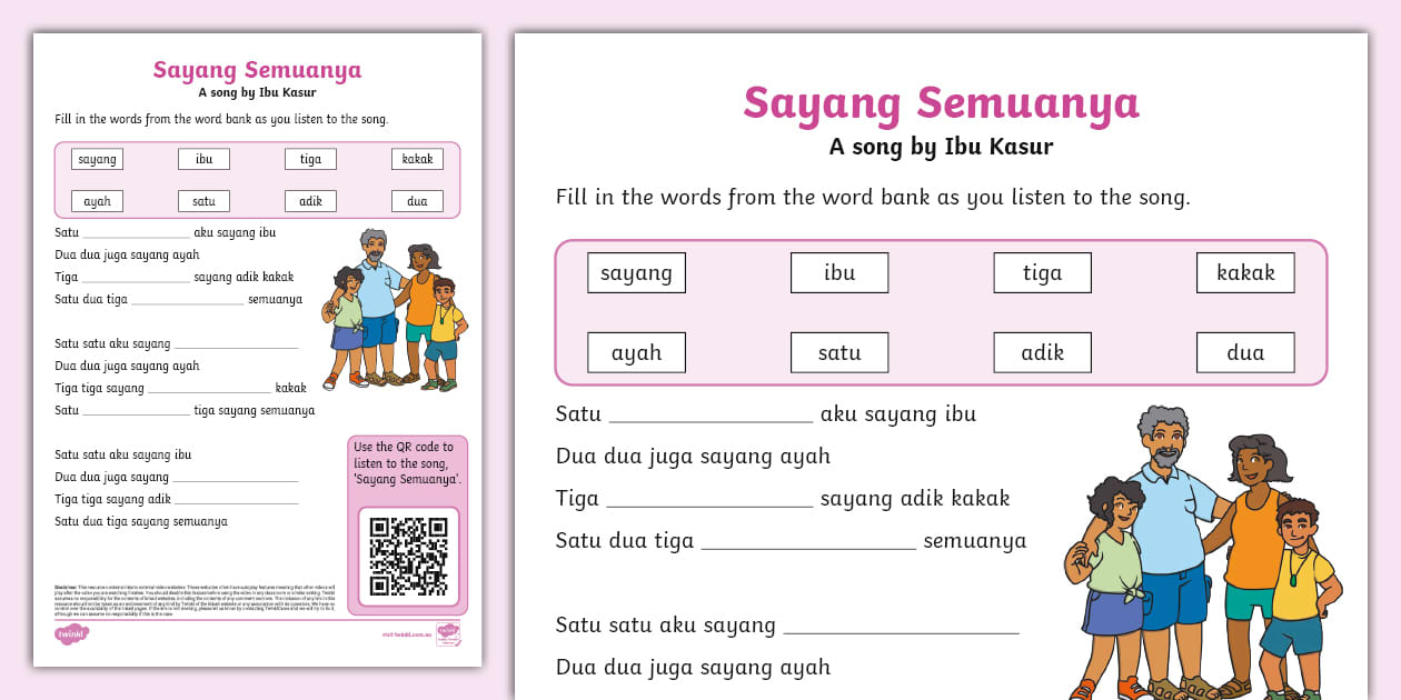 Aku Sayang Ibu Song Cloze Activity Indonesian - Twinkl