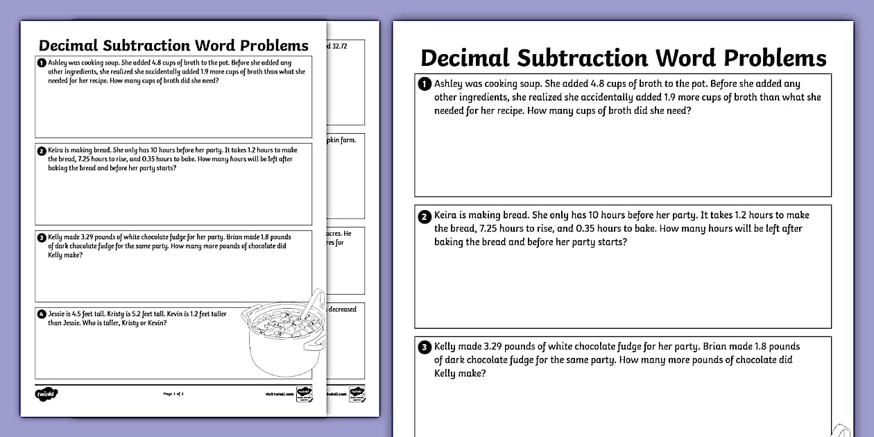 Sixth Grade Decimal Subtraction Word Problems - Twinkl